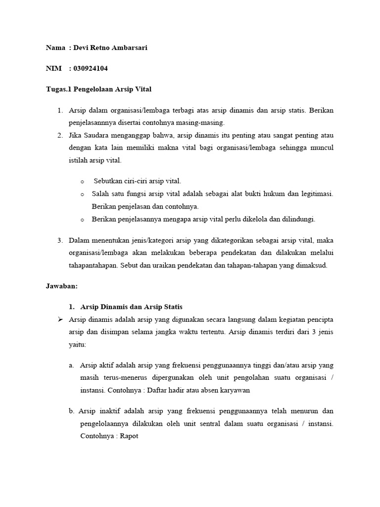 Tugas 1 - ASIP4324 Pengelolaan Arsip Vital - Devi Retno Ambarsari ...