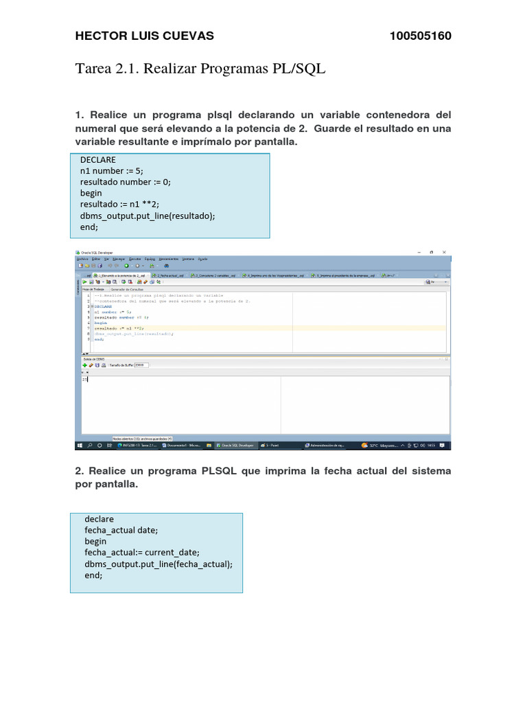 Tarea 2.1. Realizar Programas PL SQL | PDF