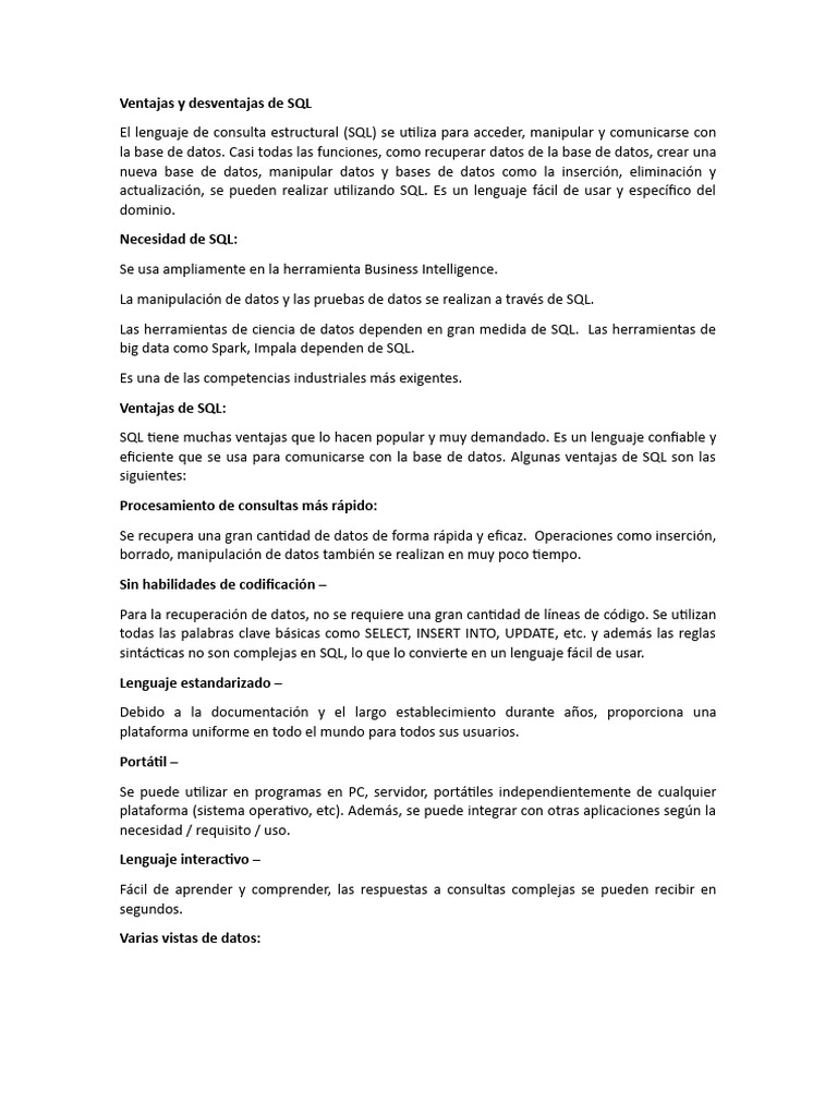 Ventajas y Desventajas de SQL | PDF | No Sql | SQL