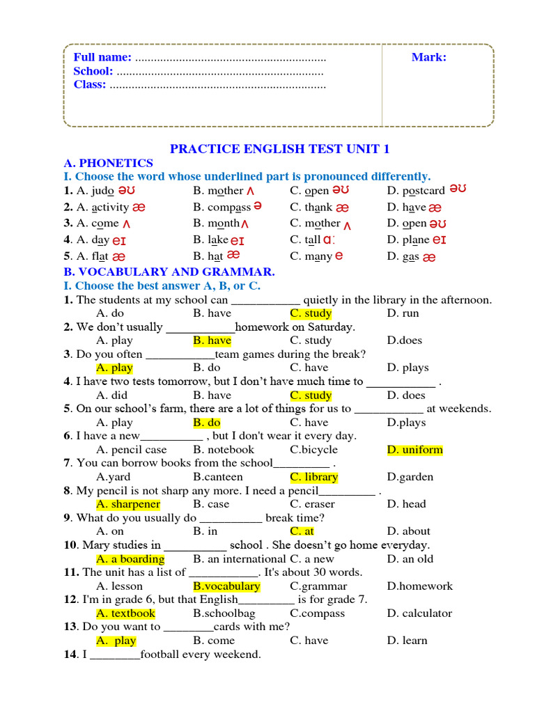 English Test for Grade 6 Unit 1 | PDF | Career & Growth | Language Arts ...