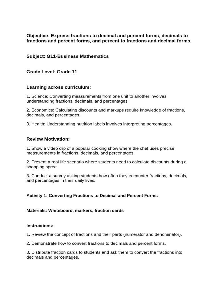 01 - Lesson Plan - Fractions - Decimal - Percent | PDF | Percentage ...