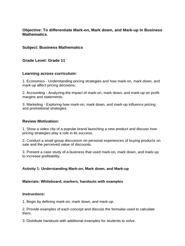 05 - Lesson - Plan - Mark Up | PDF | Pricing | Profit (Economics)