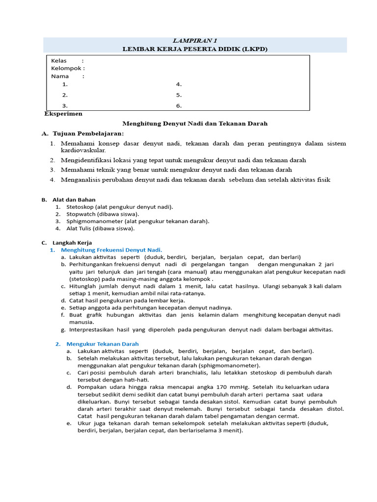 LKPD Menghitung Denyut Nadi Dan Tekanan Darah | PDF