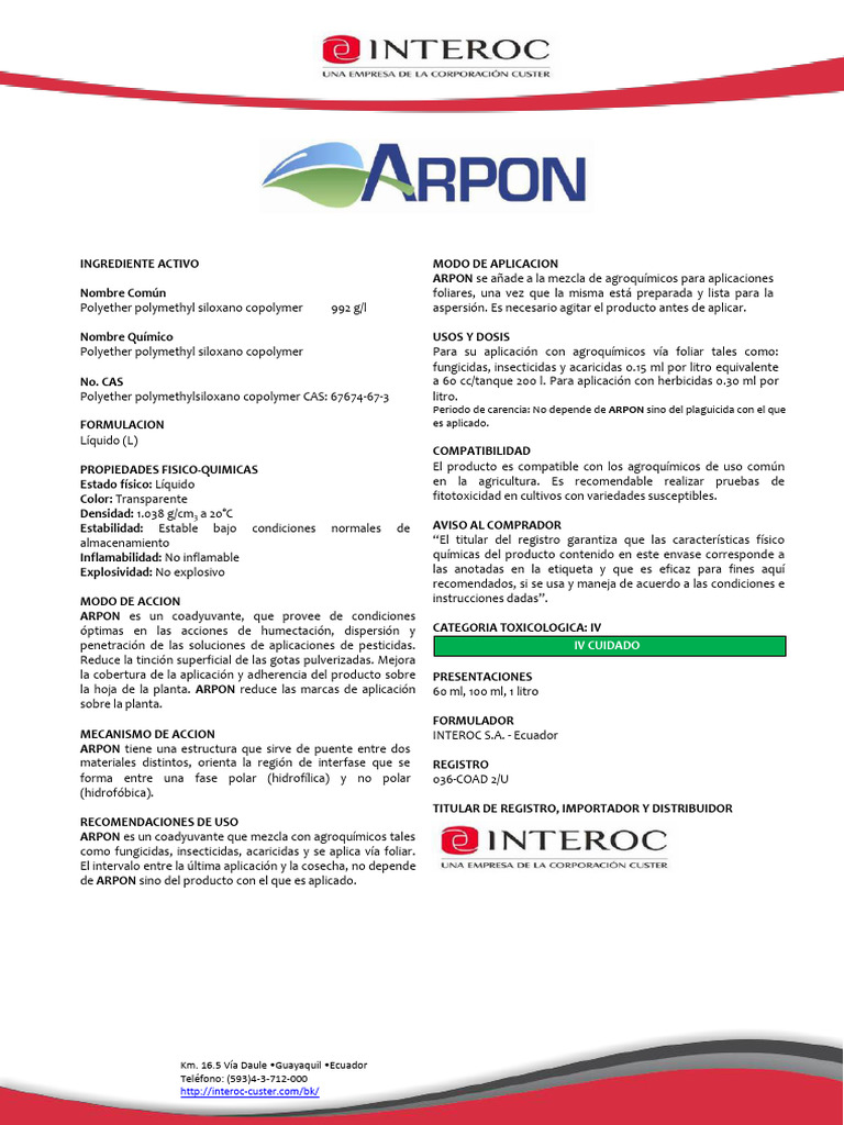 ARPON Ficha Técnica | PDF | Pesticida | Química