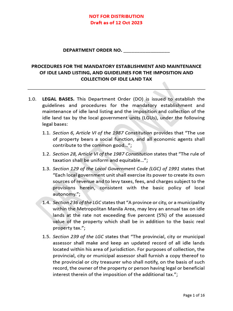 DOF-BLGF Draft Department Order - Idle Land - As of 12 Oct 2023 | PDF | Taxes | Property Tax