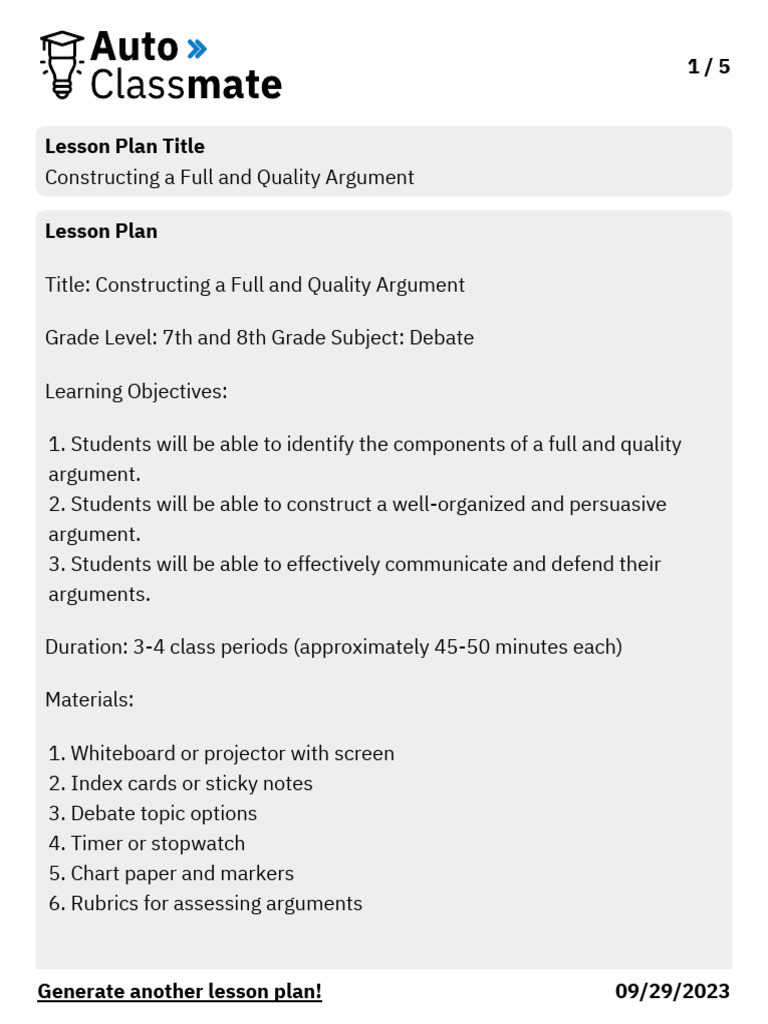 Quality Argument Lesson Plan for Grades 7-8 | PDF | Lesson Plan | Argument