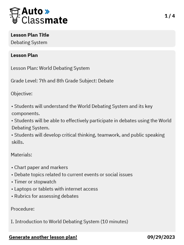 Lesson Plan - Debating System | PDF | Lesson Plan | Argument