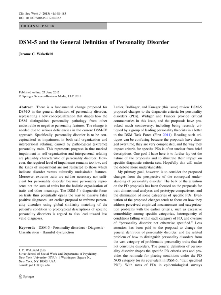 Wakefield (2013) DSM-5 and the General Definition of Personality ...