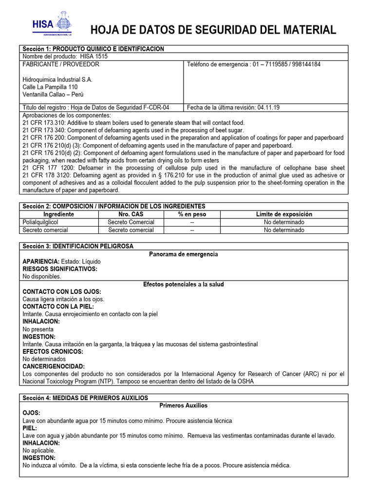 Hoja de Seguridad HISA 1515 | PDF | Agua | Combustión