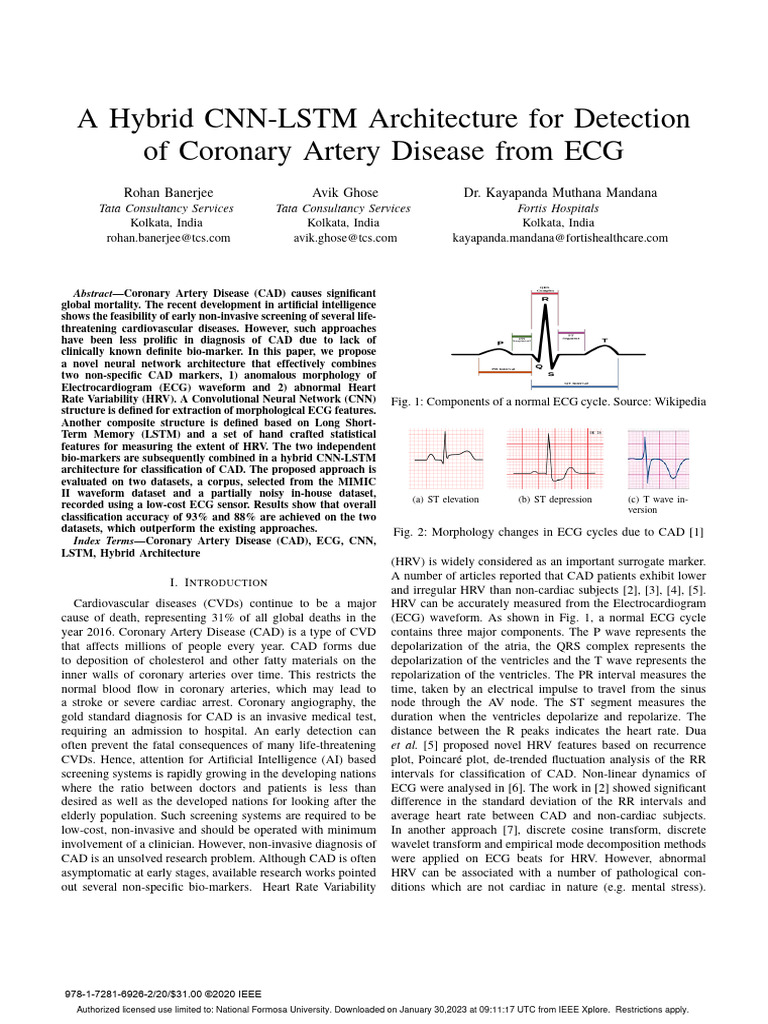 A Hybrid CNN-LSTM Architecture For Detection of Coronary Artery Disease From ECG | PDF