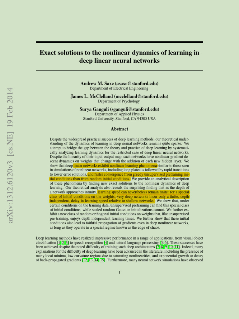 Q1 - Exact Solutions To The Nonlinear Dynamics of Learning in Deep Linear Neural Networks | PDF ...