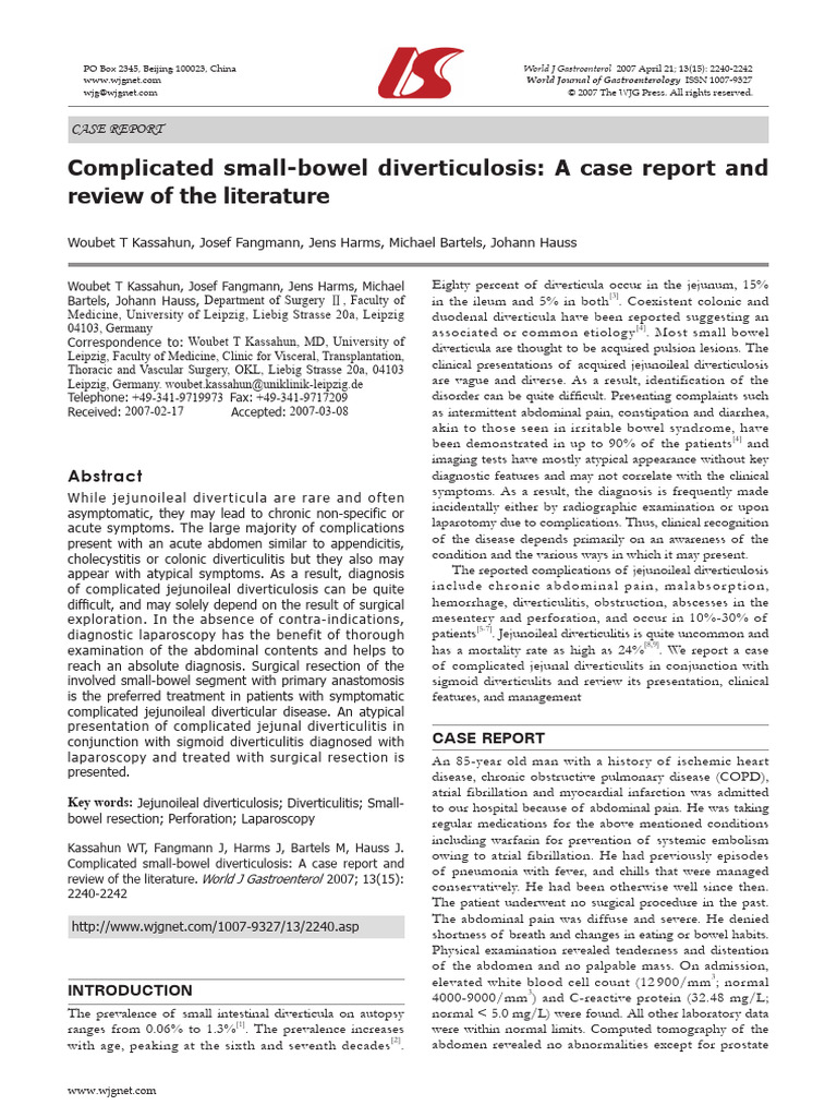Complicated Small-Bowel Diverticulosis: A Case Report and Review of The ...