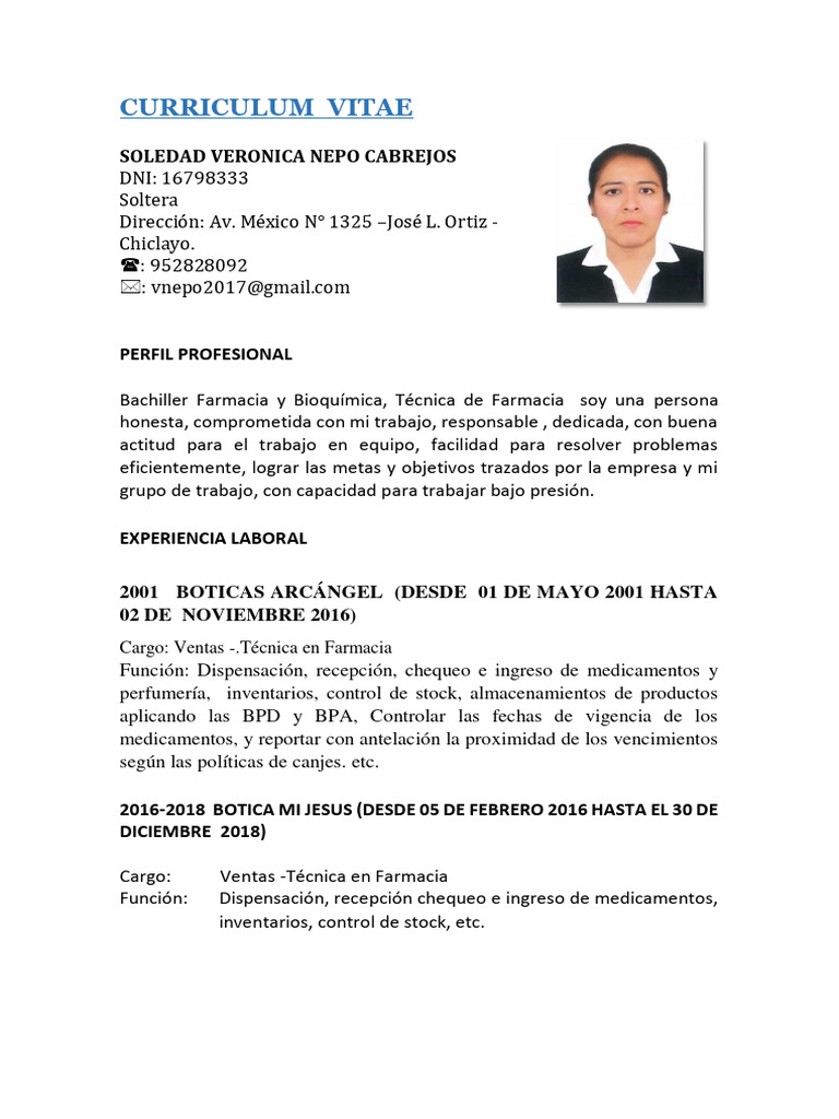 Curriculum Vitae: Soledad Veronica Nepo Cabrejos | PDF | Farmacia | Farmacéutico