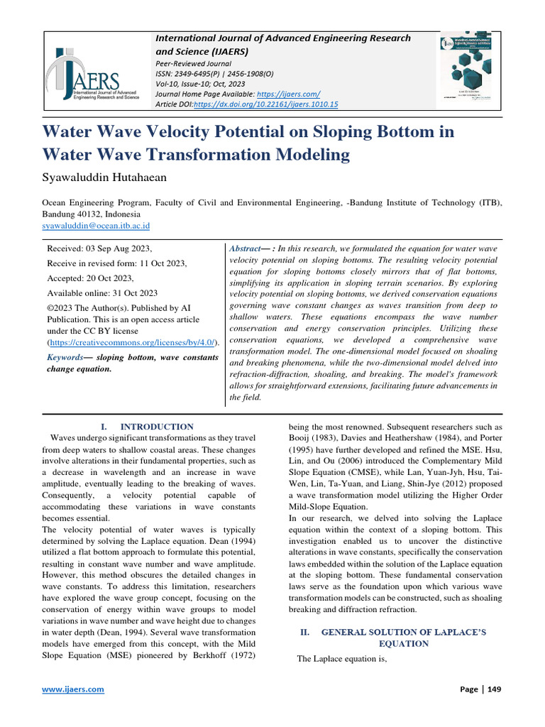 Water Wave Velocity Potential On Sloping Bottom in Water Wave Transformation Modeling | Download ...
