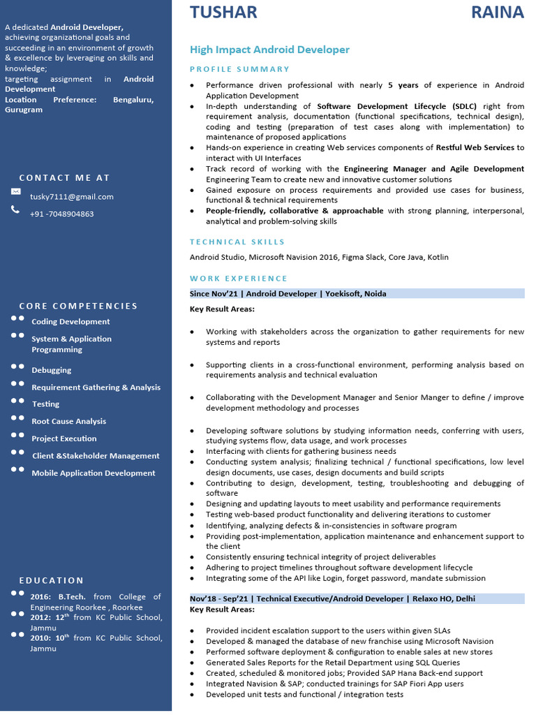 Tushar CV | PDF | Android (Operating System) | Software Development Process