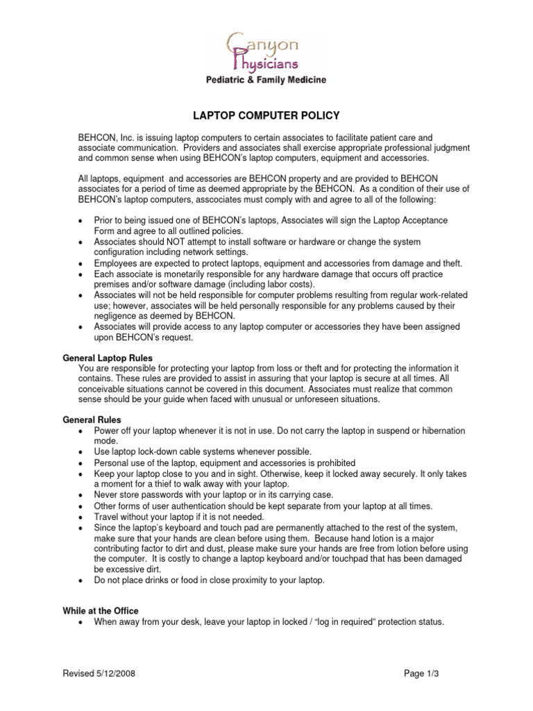 Company Laptop Policy Template | PDF | Laptop | Baggage