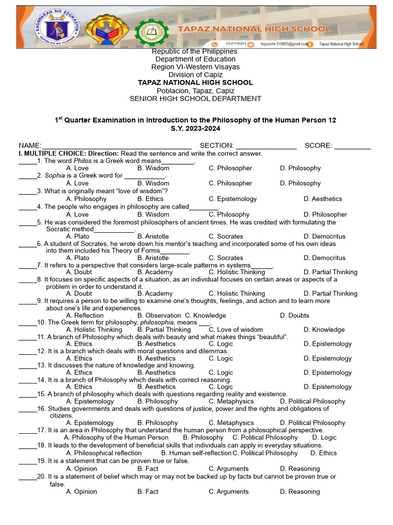 Grade 12 Philosophy 1st Quarter Exam | PDF | Epistemology | Socrates
