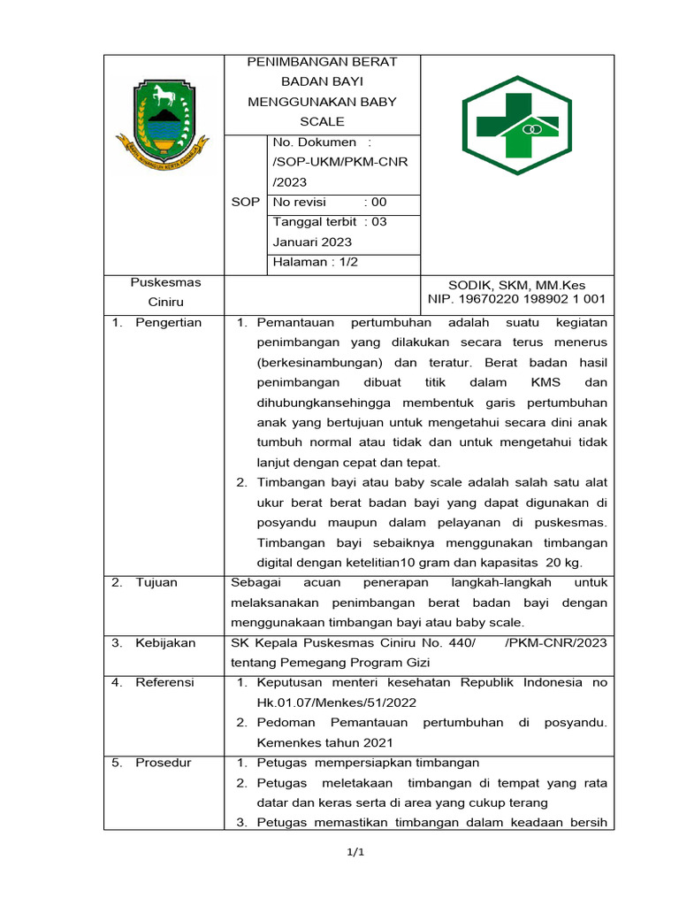 Sop Penimbangan Berat Badan Bayi Menggunakan Baby Scale Fix | PDF
