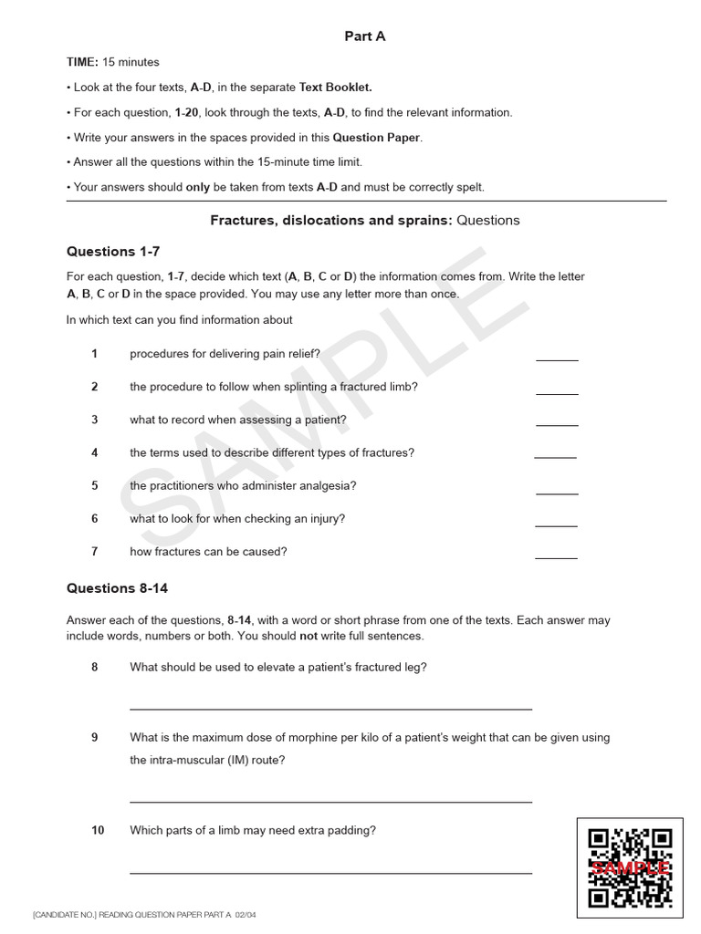 Reading Sample Test 1 Question Paper Part A | Download Free PDF ...