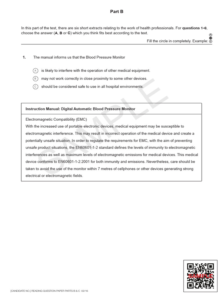 Reading Sample Test 1 Question Paper Part BC | Download Free PDF ...