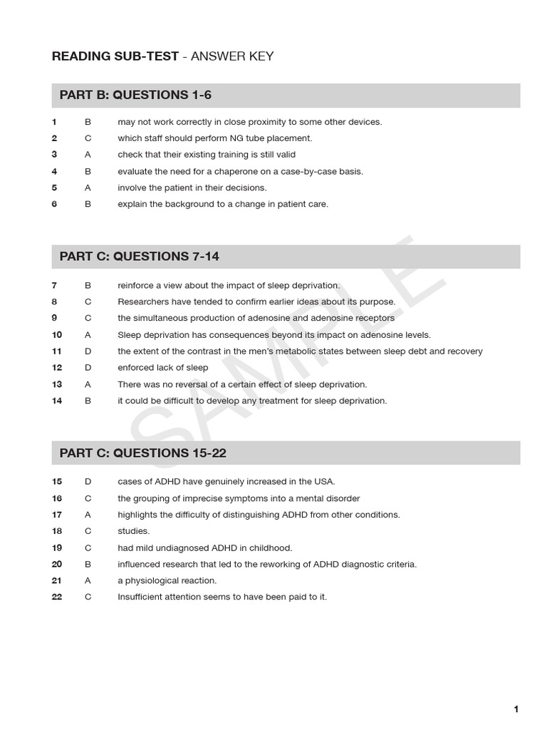 Reading Sample Test 1 Answer Key Part BC | PDF