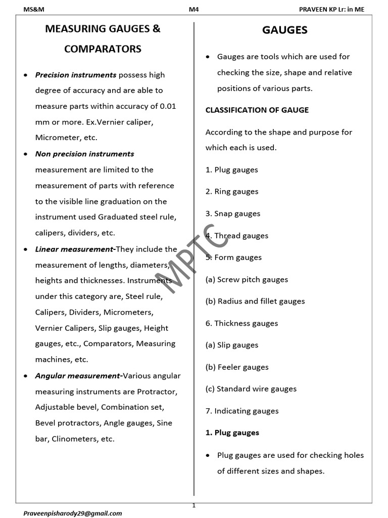 Measuring Gauges and Comparators Overview | PDF | Technology & Engineering