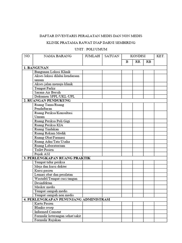 Inventaris Peralatan Klinik Pratama | PDF