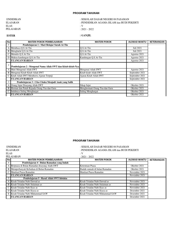 Program PAI SDN 08 Pasaman 2021-2022 | PDF