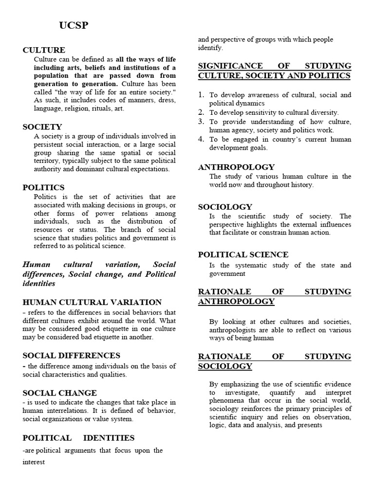 Ucsp Reviewer | Download Free PDF | Socialization | Society