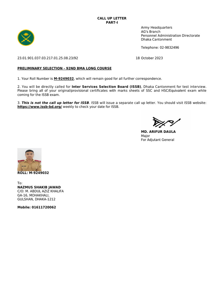 ISSB Call Up Letter for 92 BMA Course | PDF