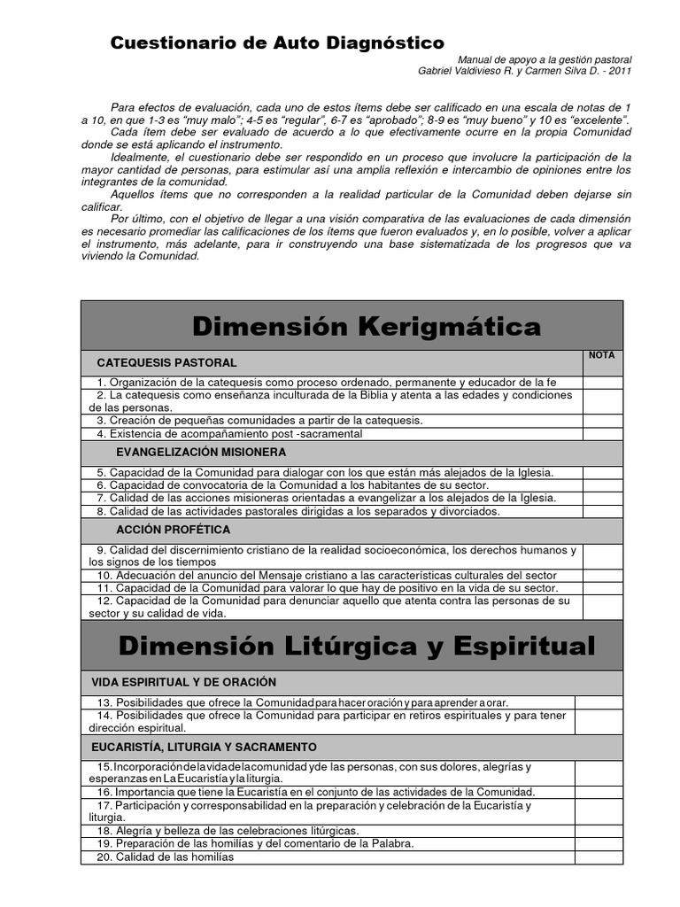 Cuestionario de Auto Diagnostico Pastoral | PDF