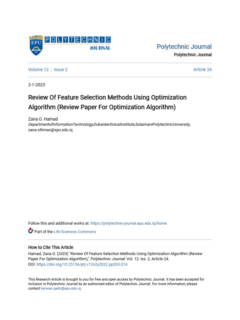 Review of Feature Selection Methods Using Optimization Algorithm | PDF