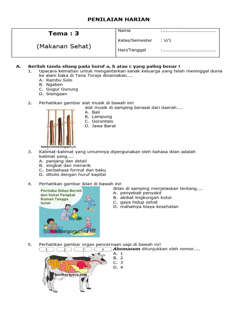 PENILAIAN HARIAN KELAS 5 TEMA 3 (1) | PDF