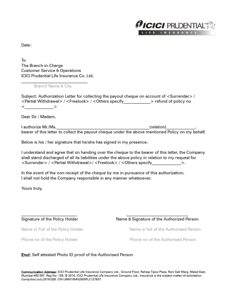 Authorization Letter Format For Third Party Cheque Collection | PDF