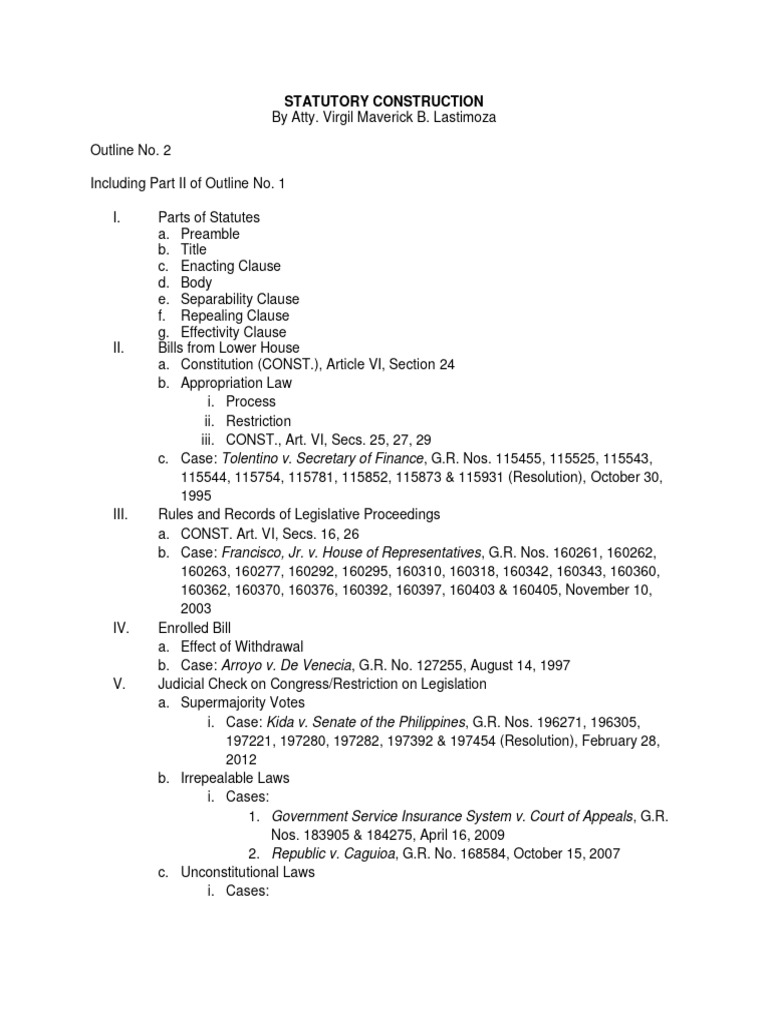 Outline No. 2 - Statutory Construction | PDF