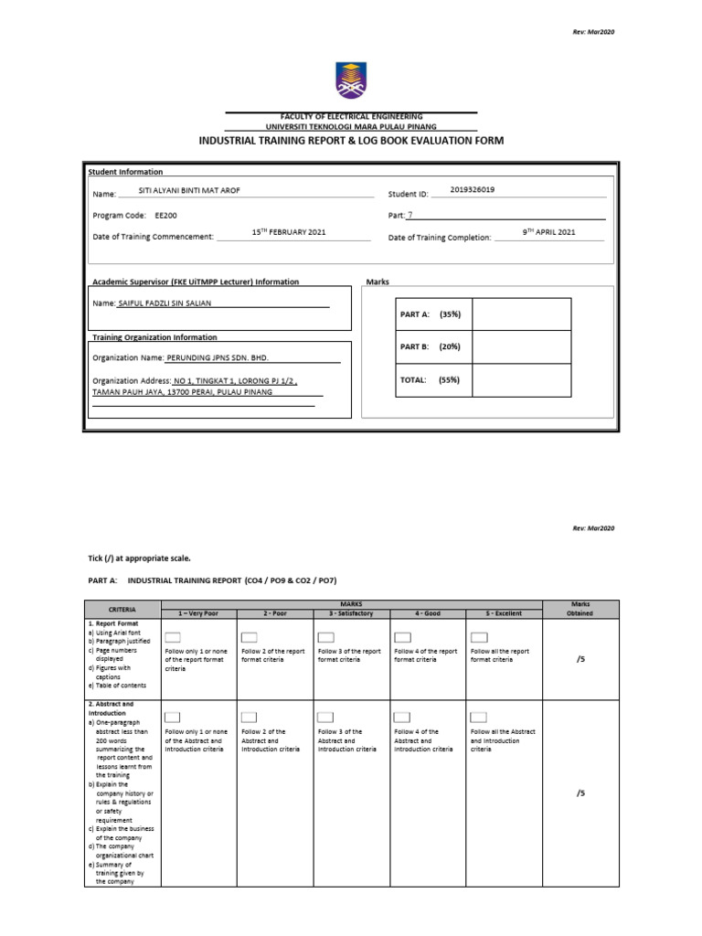 SAMPLE INDUSTRIAL TRAINING REPORT - Siti Alyani Arof | PDF