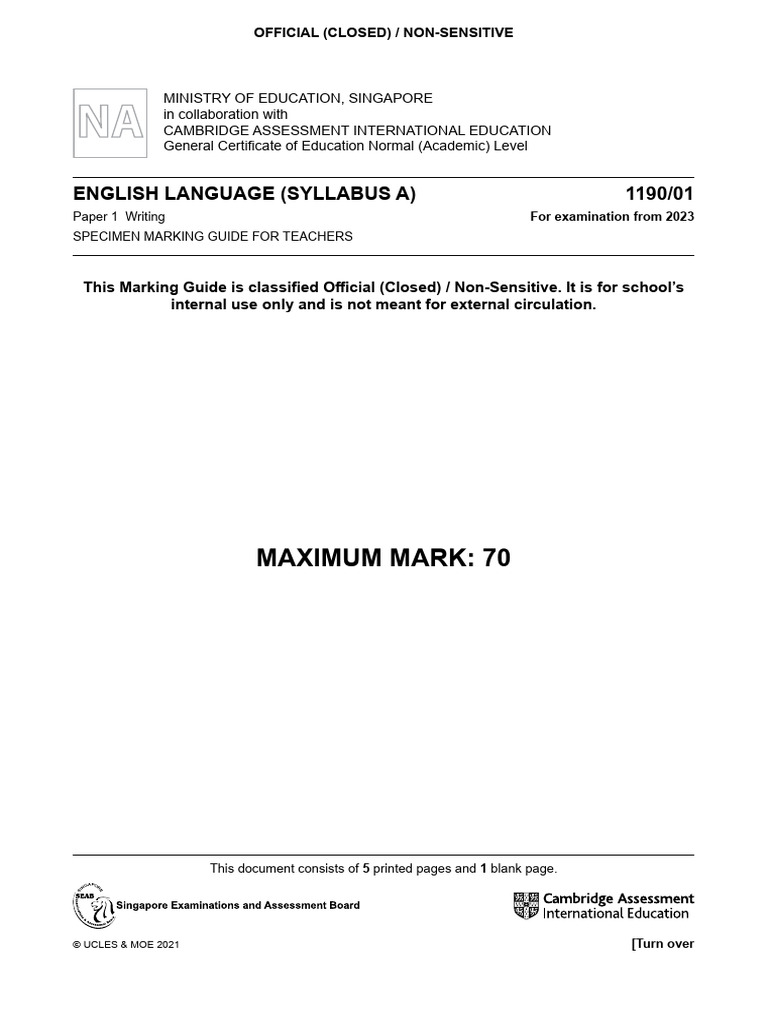 Maximum Mark: 70: English Language (Syllabus A) 1190/01 | PDF | Grammar ...