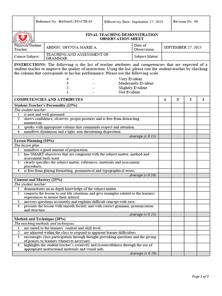NEW Final Teaching Demonstration Observation Sheet | PDF