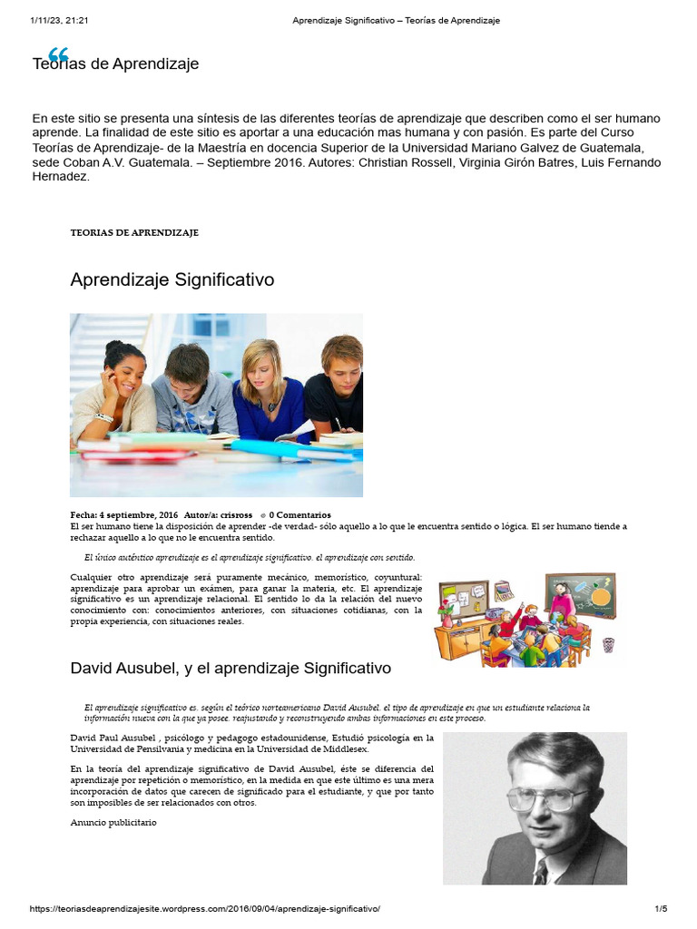 Aprendizaje Significativo – Teorías de Aprendizaje | PDF