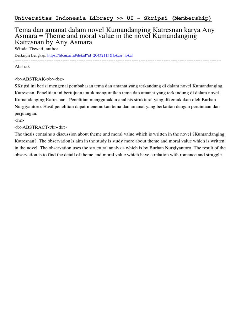 Tema Dan Amanat Dalam Novel Kumandanging Katresnan Karya Any Asmara Theme and Moral Value in The ...