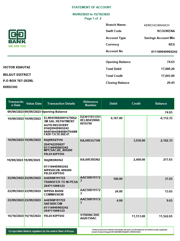 KCOOKENA Account Statement Summary | PDF | Debit Card | Financial ...