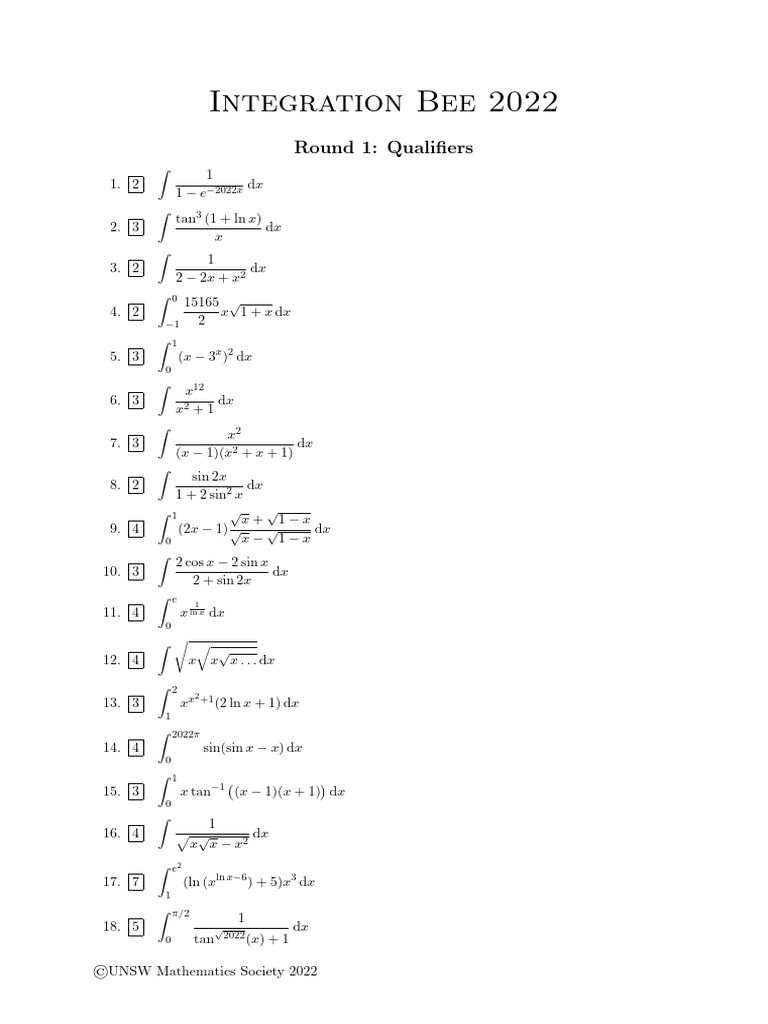 Integration Bee Questions And Answers Pdf Mathematics