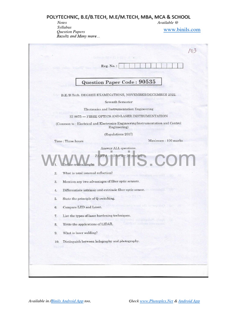 EI 8075 Fibre Optics and Laser Instrumentation Anna University Question ...