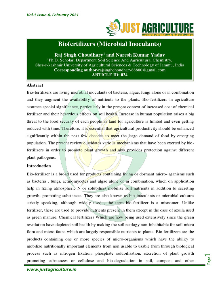 Biofertilizers (Microbial Inoculants) | PDF