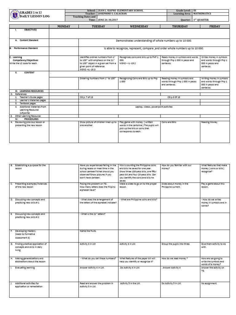 Grade 3 Math Lesson Plan: Numbers & Money | PDF | Learning | Cognition