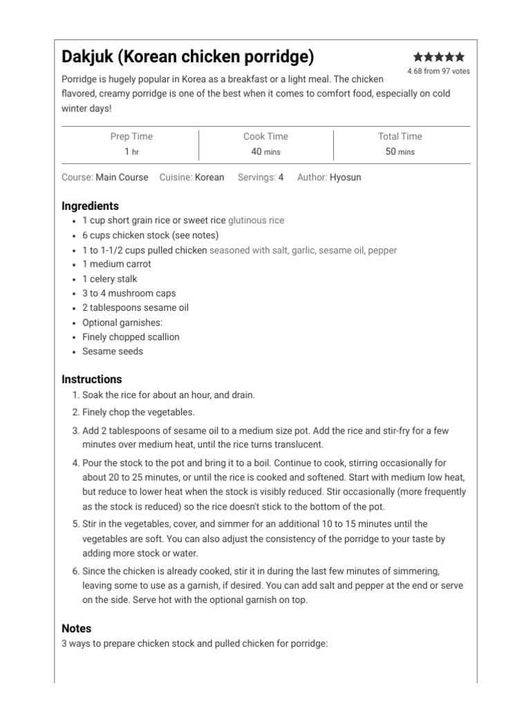 Dakjuk (Korean Chicken Porridge) - Korean Bapsang | PDF | Korean Cuisine | Stock (Food)