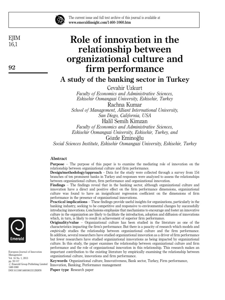 Role of Innovation in The Relationship Between Organizational Culture and Firm Performance ...