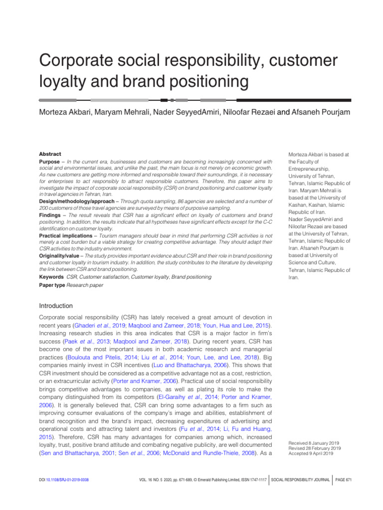 Corporate Social Responsibility, Customer Loyalty, and Brand ...