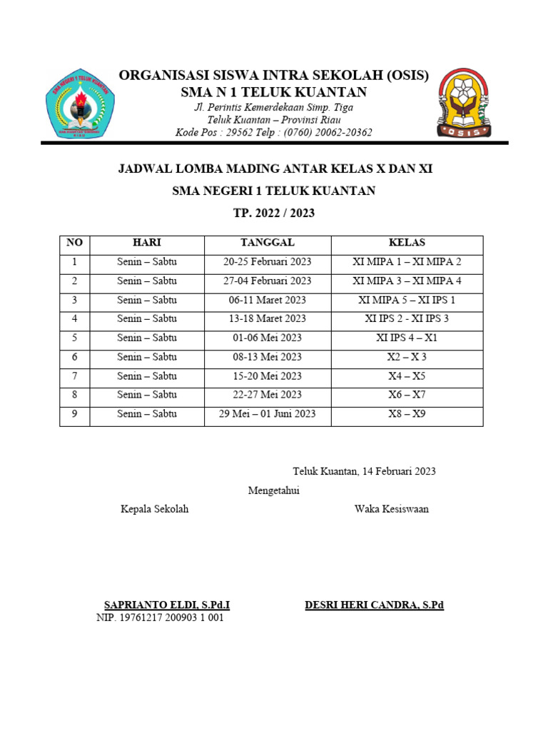 Jadwal Mading Kelas Sma Negeri 1 Teluk Kuantan | PDF