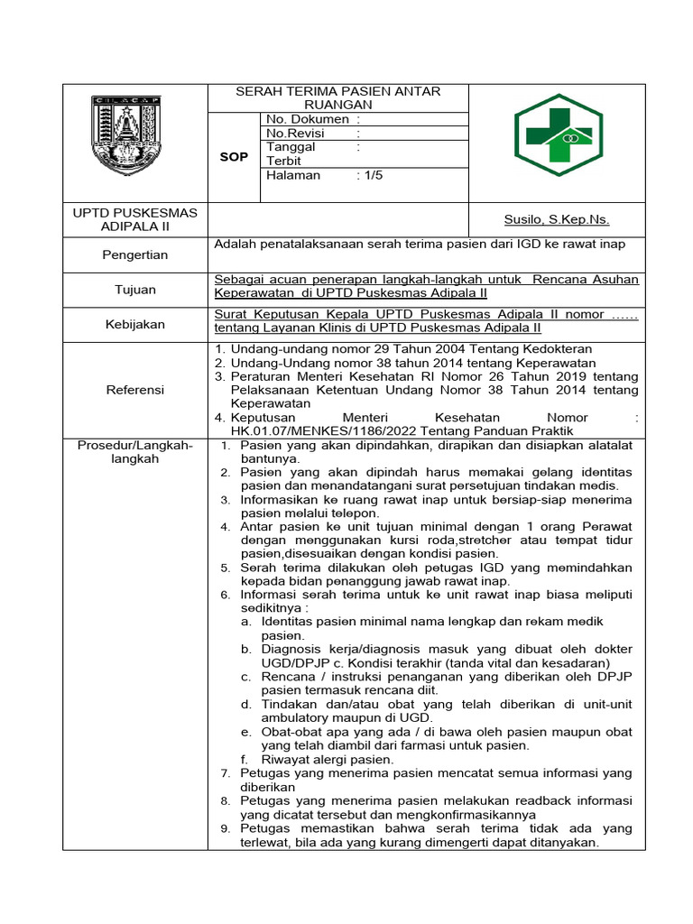 SOP Serah Terima Pasien IGD ke Rawat Inap | PDF